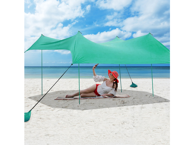 Costway Family Beach Tent Canopy w/ 4 Poles Sandbag Anchors 10'x9 ...