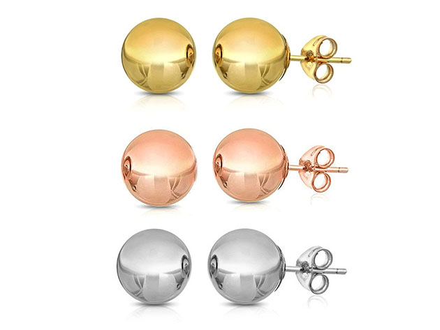 18K Gold Plated Tri-Color 6mm Ball Stud Earrings: Set of 3 Pairs | Joyus
