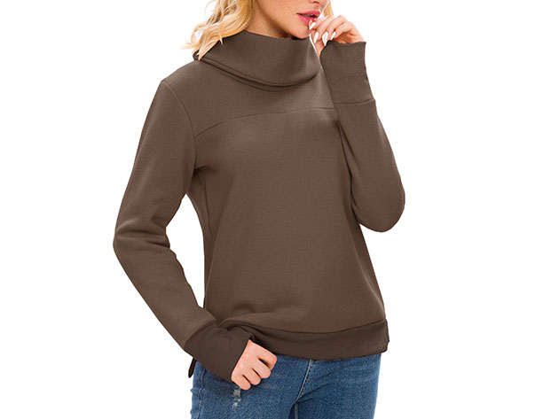 Brown Solid Long Sleeve Cowl Neck Pullover with Back Pleat | StackSocial